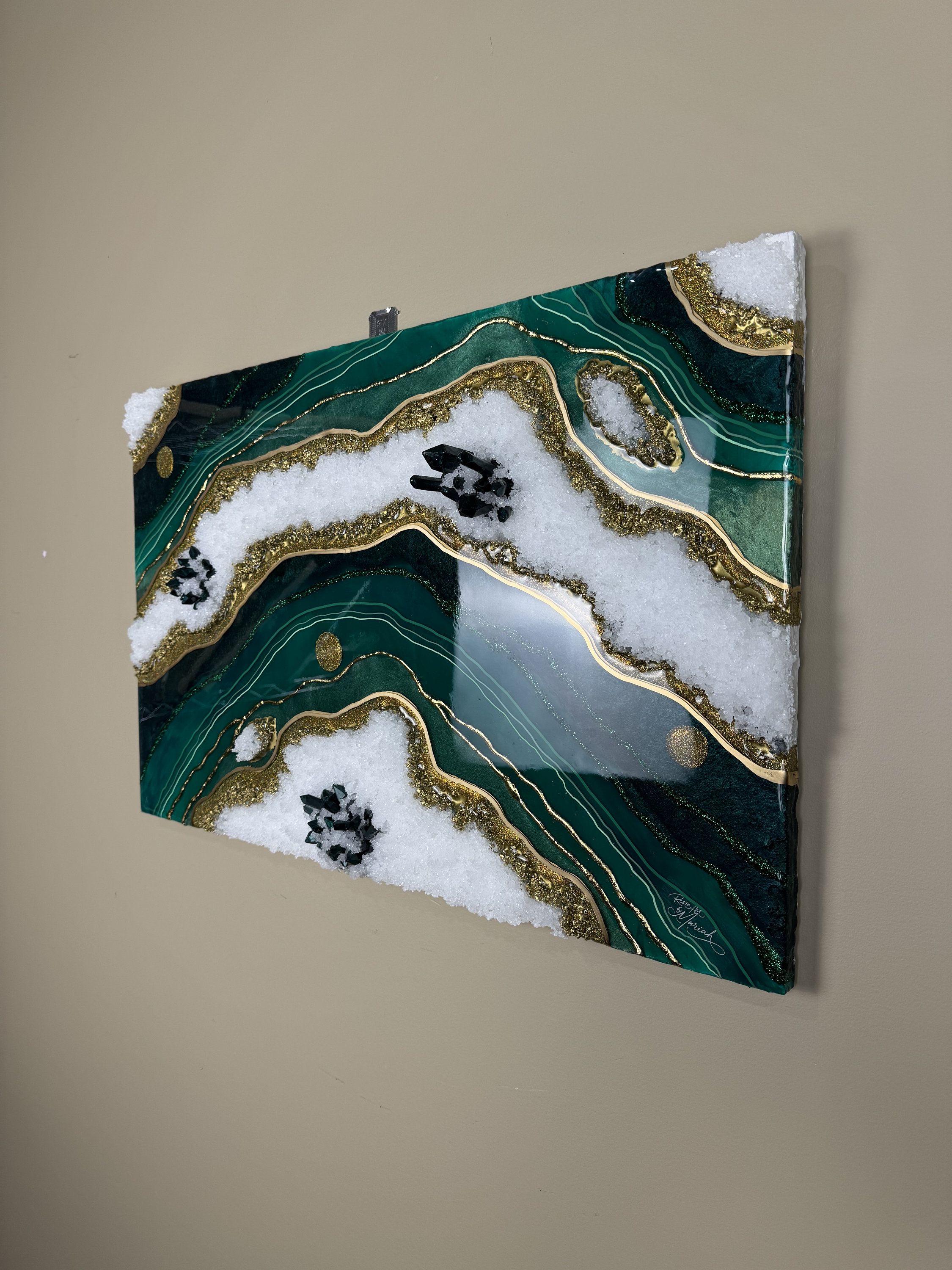 Green Resin Artwork With Handmade Druzy Texture and Gold - Etsy