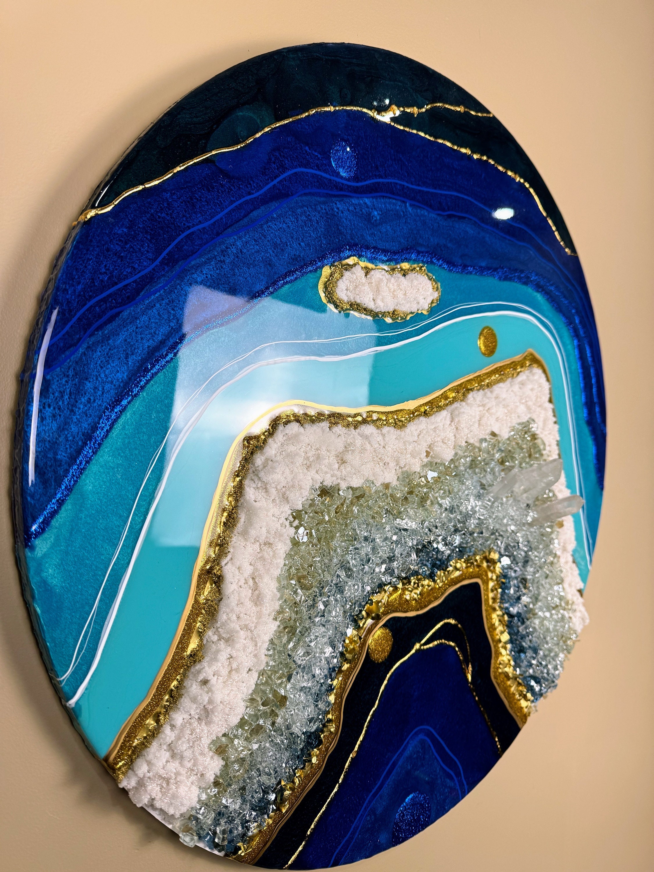 Teal and Blue Resin Art With Gold Accents, Crushed Glass, and Quartz ...