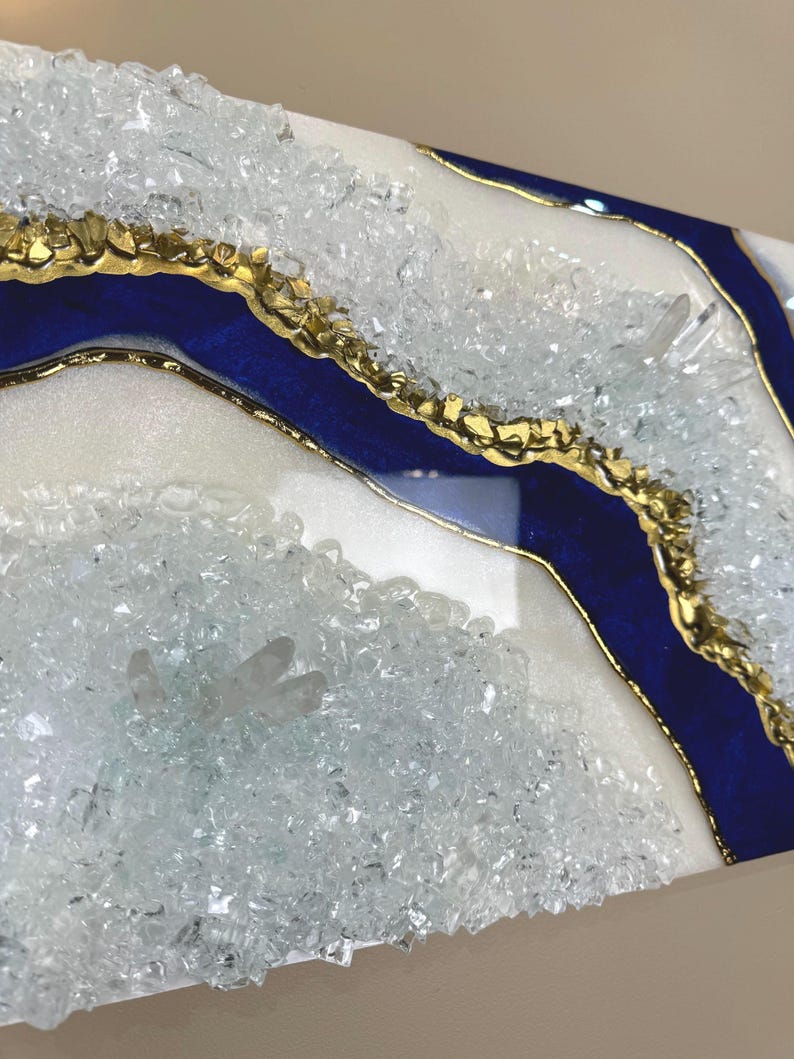 30x12 White and Blue Geode Inspired Resin Artwork With Real Crystals - Etsy