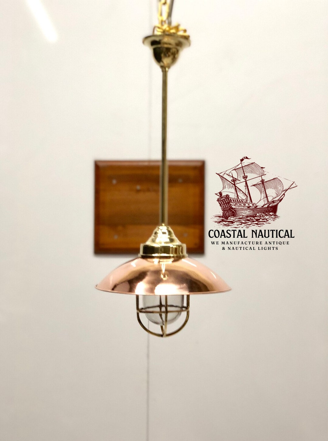 Vintage Solid Brass Maritime Hanging Cargo Ship Light With Copper Shade ...