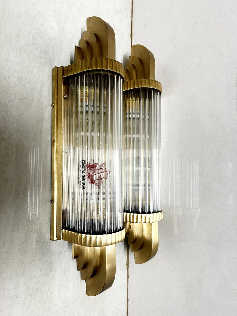 Pair of Art Deco Vintage Wall Sconces Brass & Glass Rod Light Fixtures ...
