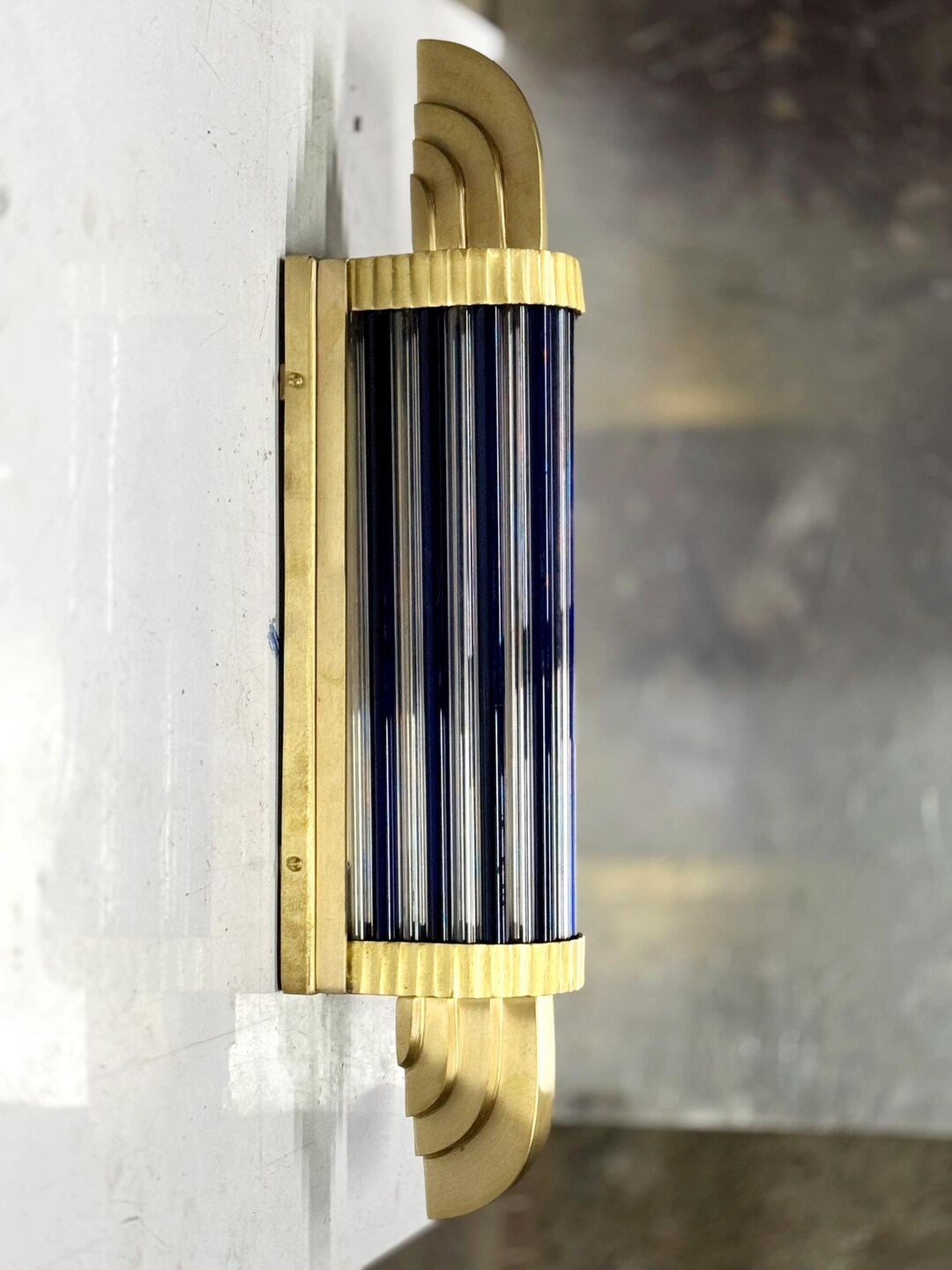 Art Deco Wall Sconce Brass & Blue Glass Rods, Stylish Wall Light for ...