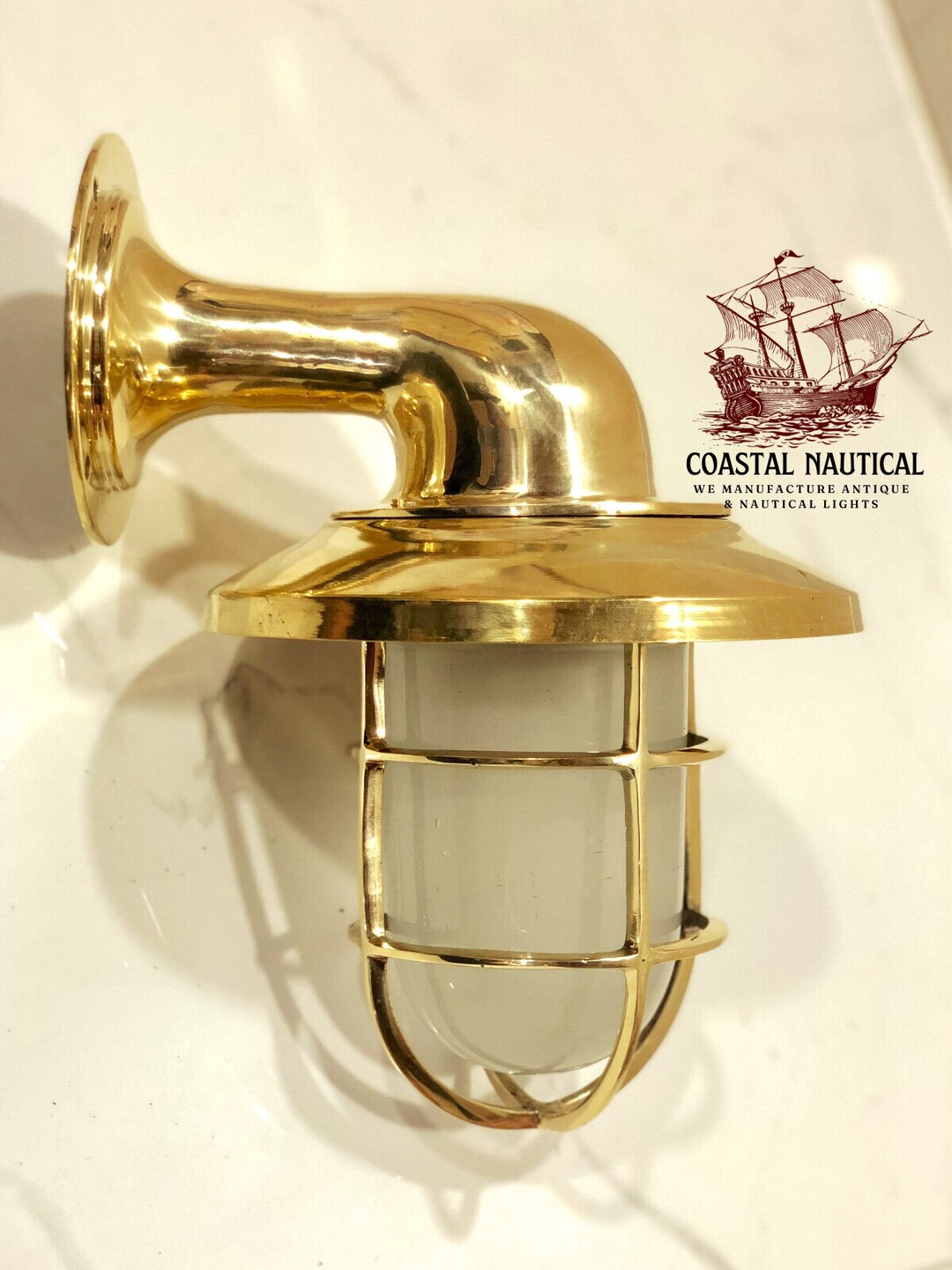 Vintage Style Solid Brass Bulkhead Wall Swan Light With Shade and White ...