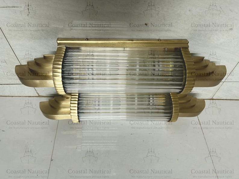 Pair of Art Deco Vintage Wall Sconces Brass & Glass Rod Light Fixtures ...
