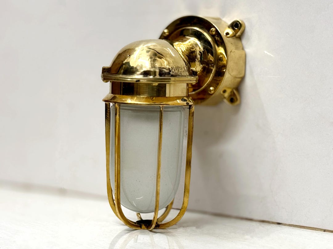 Modern Brass Nautical Bulkhead Wall Sconce With Milk Glass & Junction ...