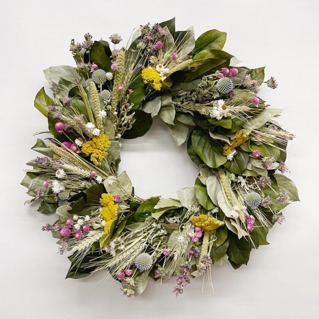 Handmade 22"-30" Wreath Made With Natural Echinops, Lemon Mint, Globe ...