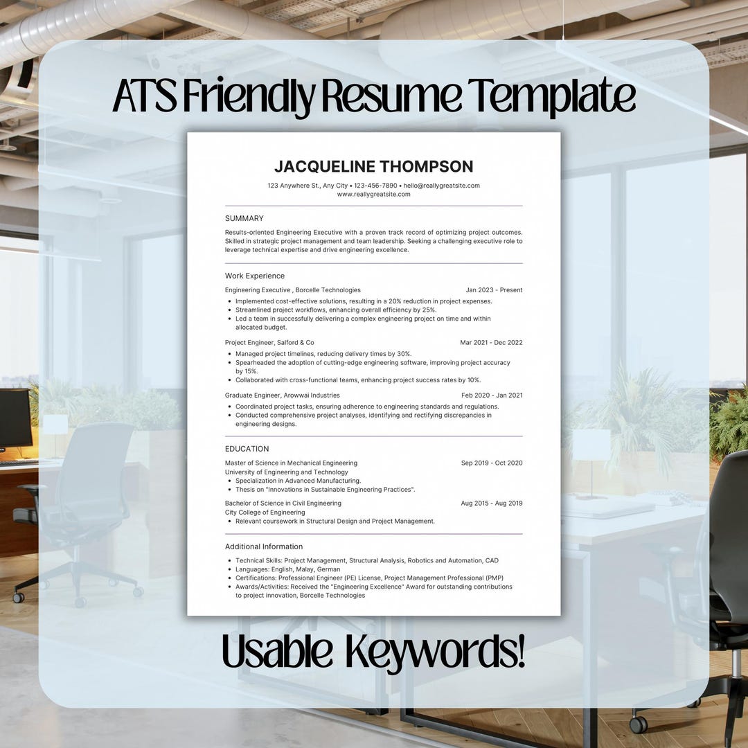 ATS Friendly Resume Template Digital Download | Professional Keyword ...