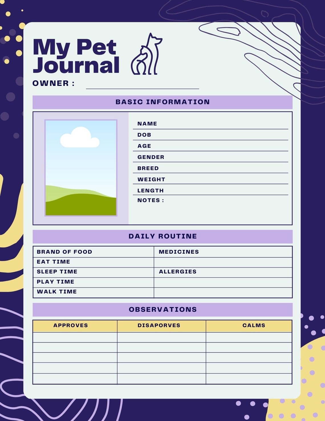 Daily Pet Journal, Pet Health, Printable Pet Journal, Pet Diary - Etsy