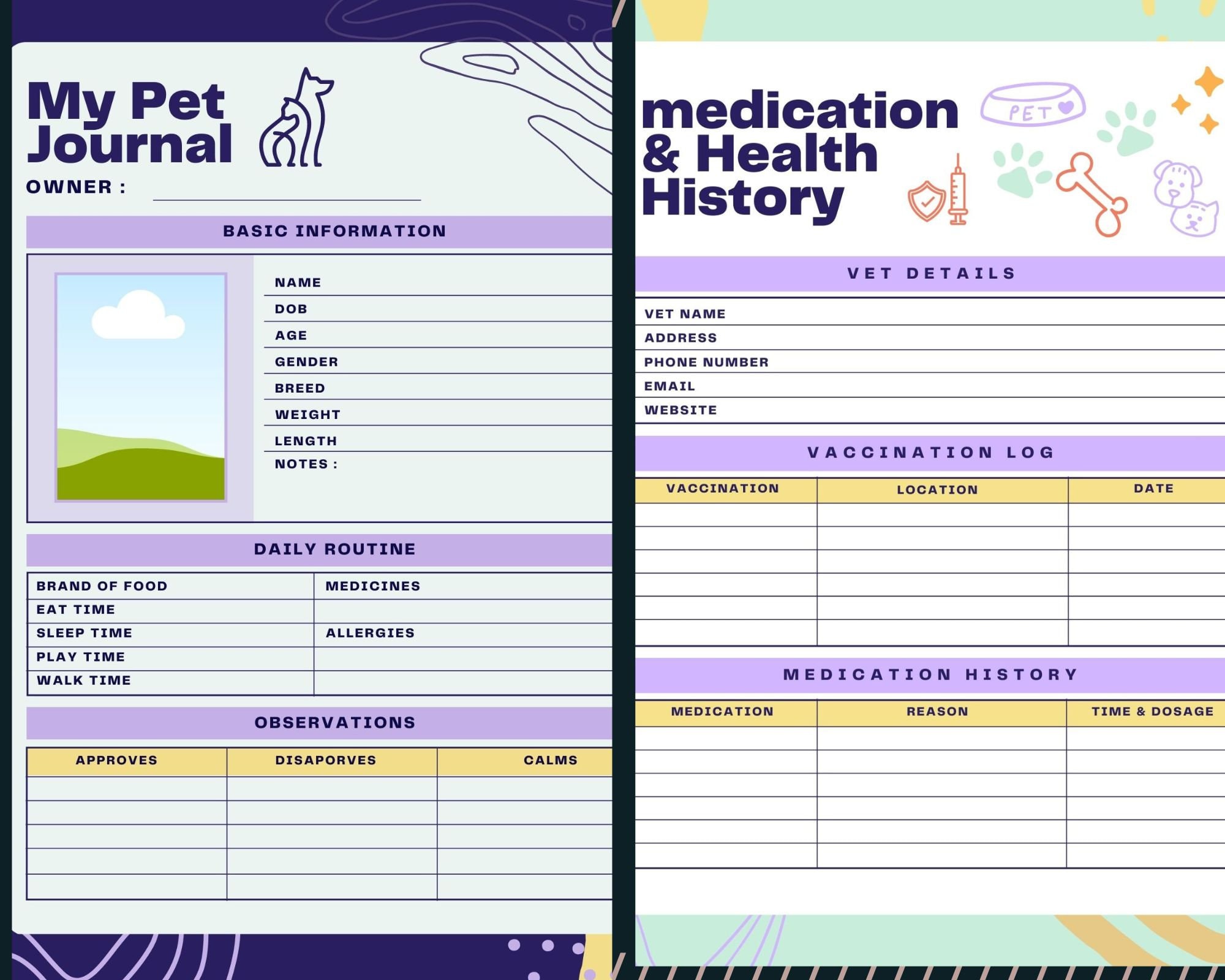 Daily Pet Journal, Pet Health, Printable Pet Journal, Pet Diary - Etsy