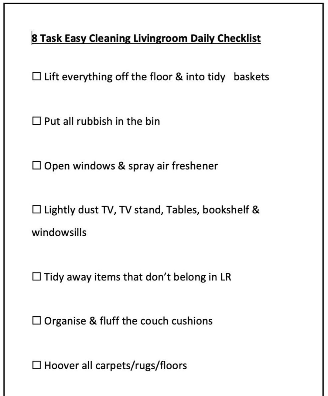 8 Task Easy Livingroom Cleaning Checklist Digital Download - Etsy