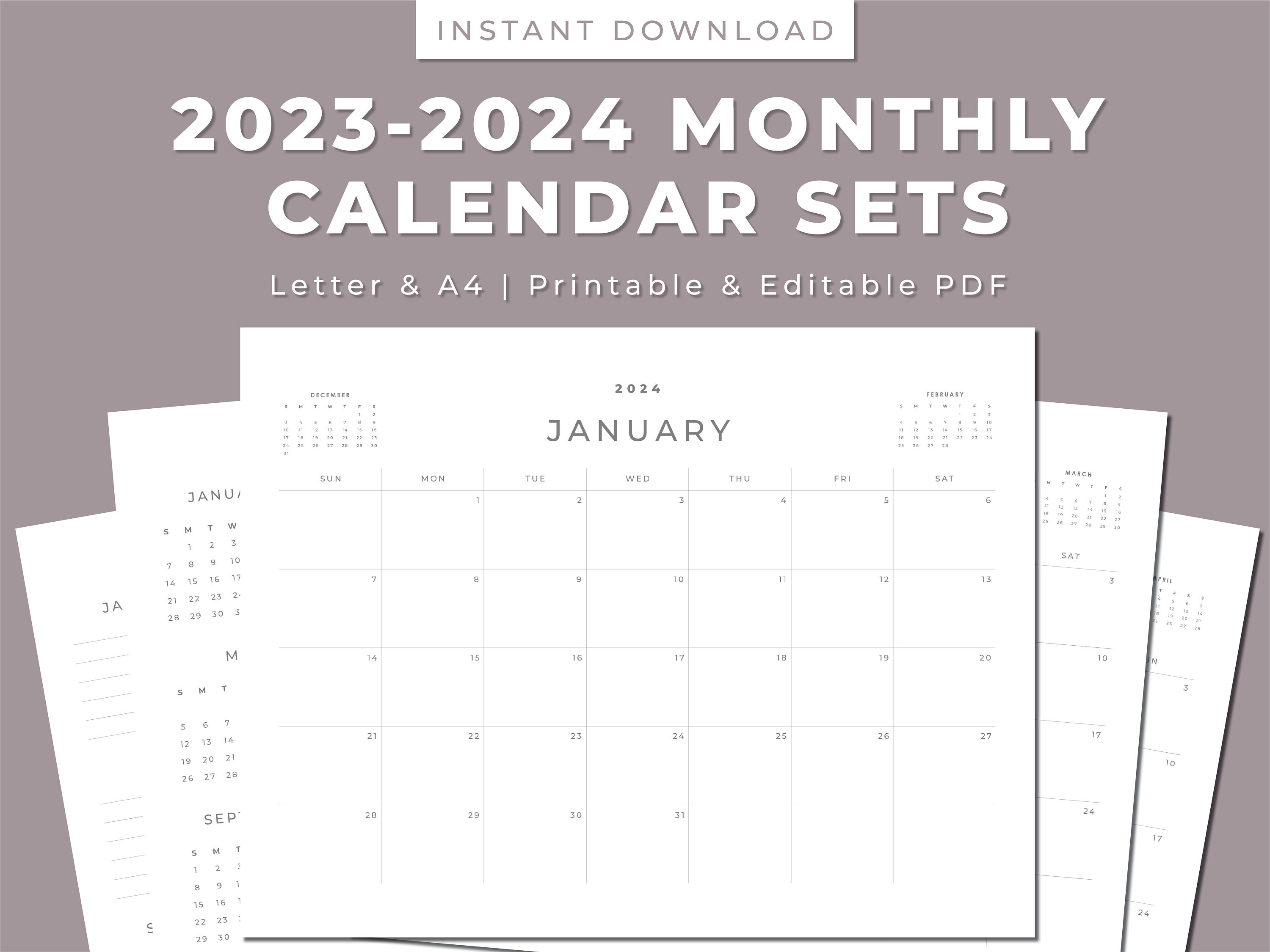 2023/2024 Monthly Printable Calendars Landscape Yearly - Etsy
