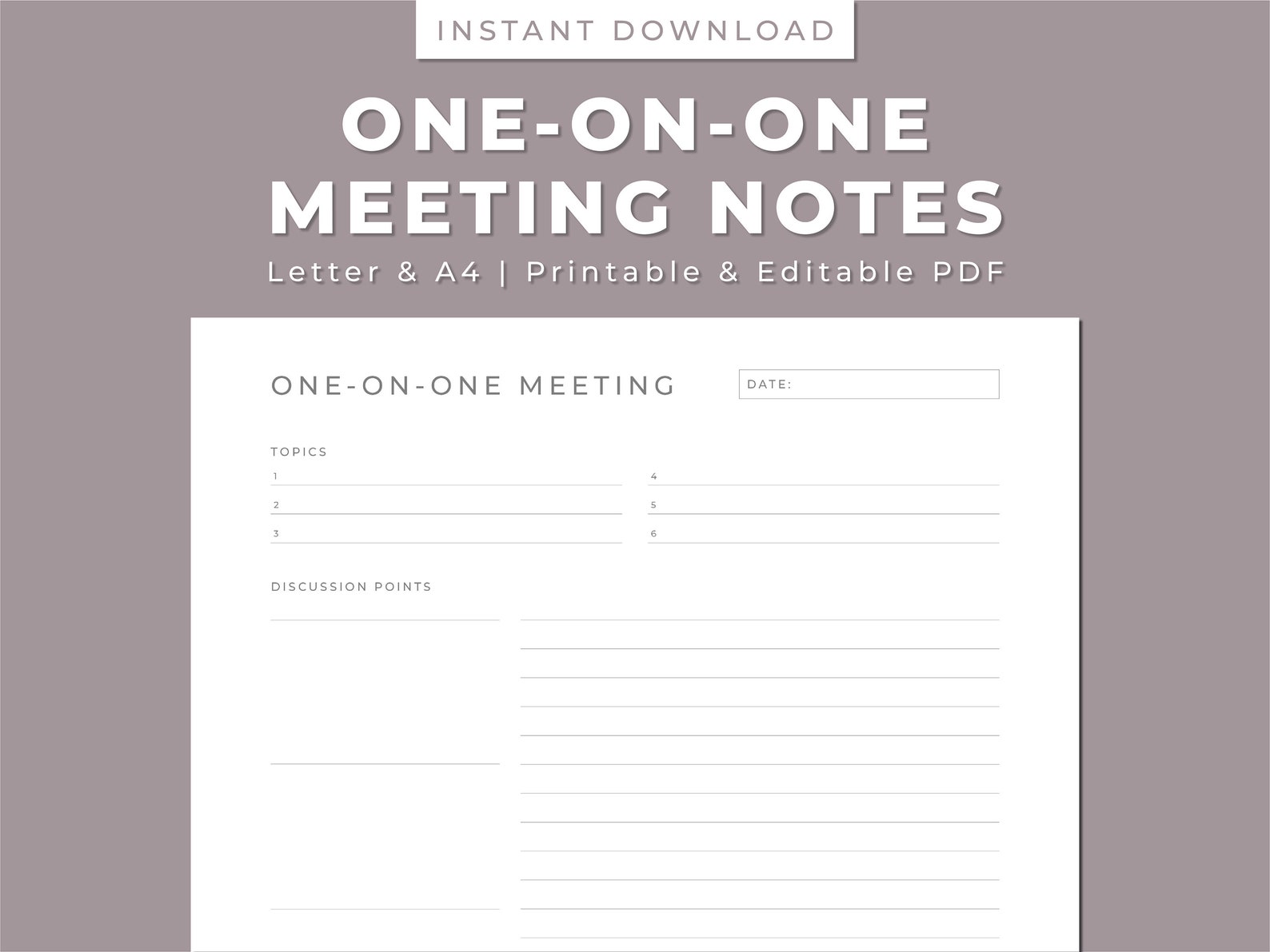 One-on-one Meeting Notes Printable: Agenda and Minutes (letter/a4 ...
