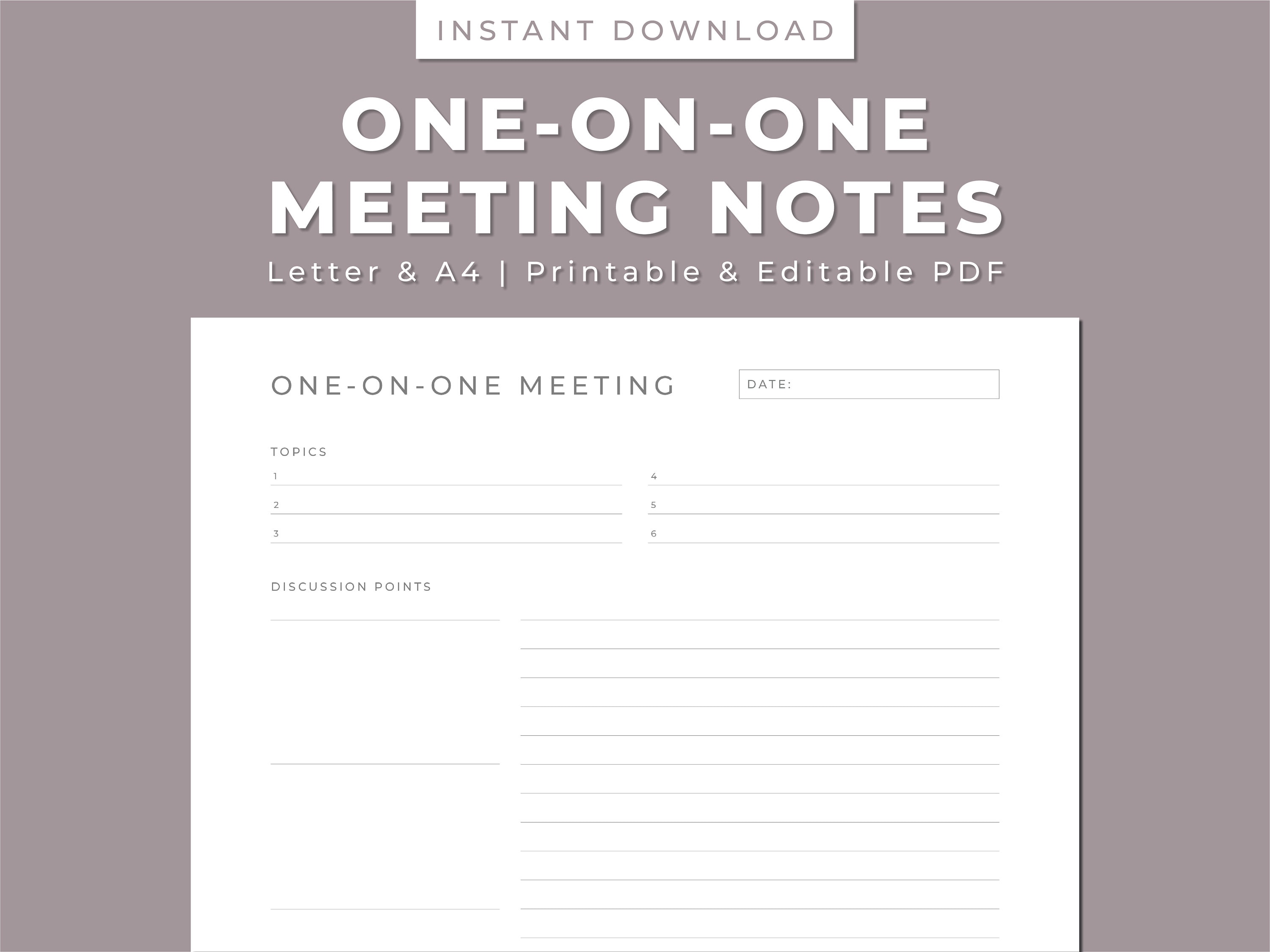One-on-one Meeting Notes Printable: Agenda and Minutes (letter/a4 ...