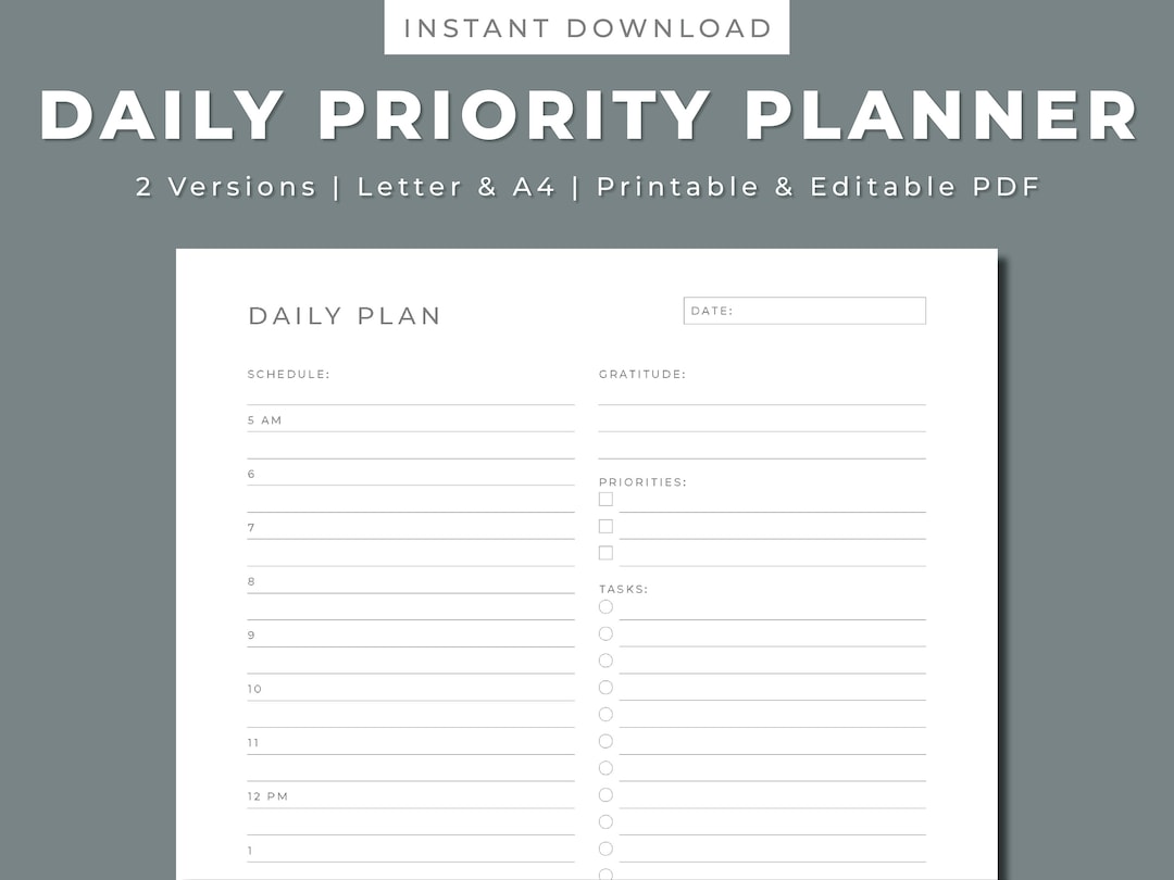 Daily Priority Planner Printable & Editable Undated Planner - Etsy