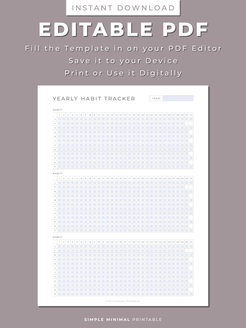 Yearly Habit Tracker Printable Planner, Routine Tracker, Annual Goal ...