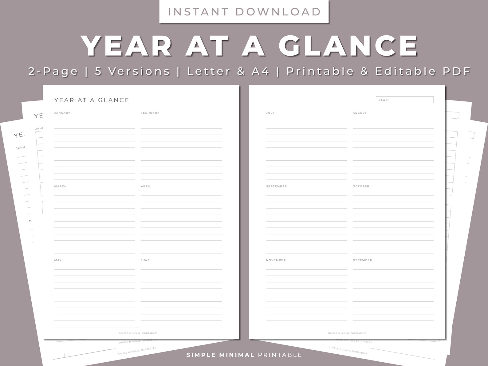 Year at A Glance Printable Planners, 2-page, Annual Perpetual Planner ...