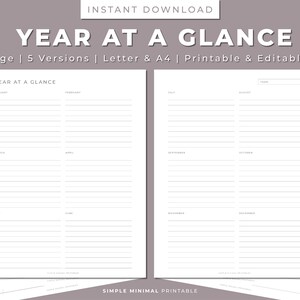 Year at A Glance Printable Planners, 2-page, Annual Perpetual Planner ...