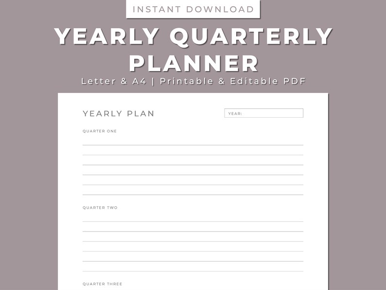 Yearly Quarterly Planner Printable, Four Quarters, Year-at-a-glance ...