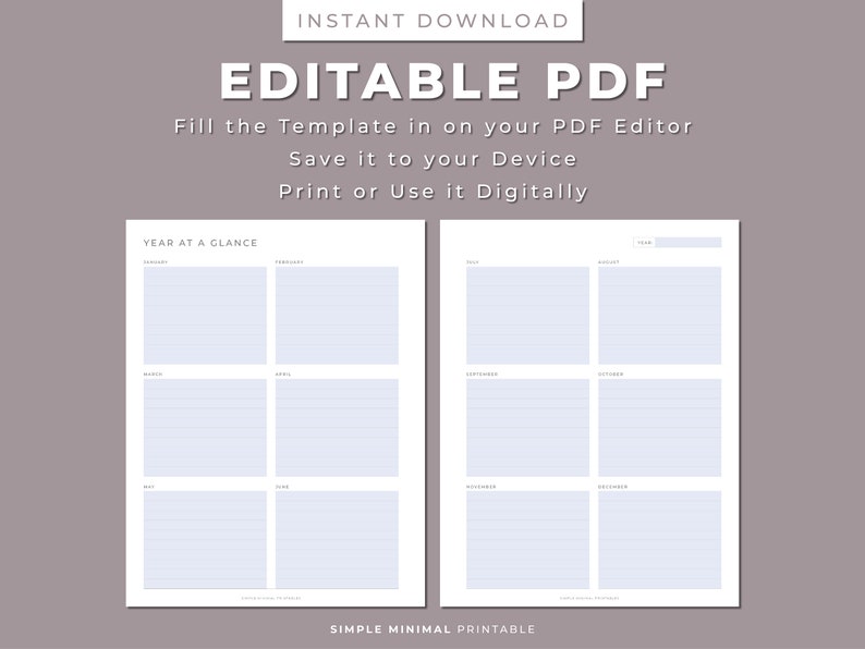 Year at A Glance Printable Planners, 2-page, Annual Perpetual Planner ...