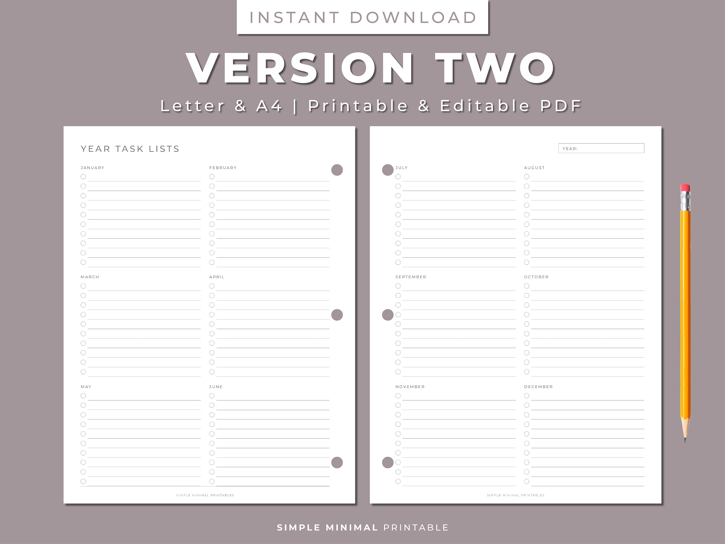 Yearly Task Planner Printable, 2-page, Year-at-a-glance, Annual ...