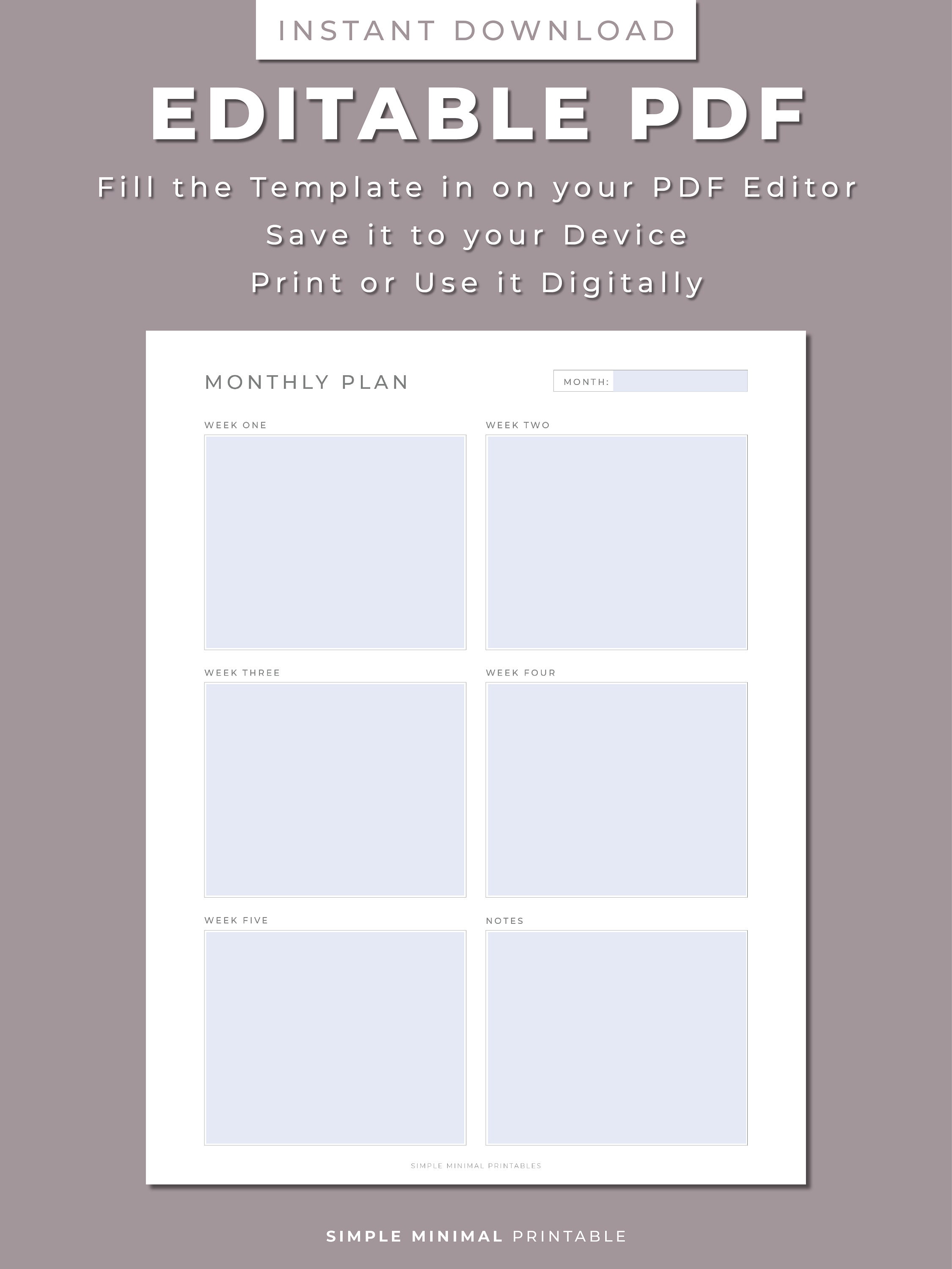 Monthly Plan by Week Printable, Five Weeks Provided, Notes, Printable ...