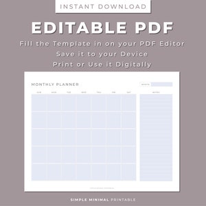 Monthly Printable Planner With Notes, Calendar, Printable & Editable ...