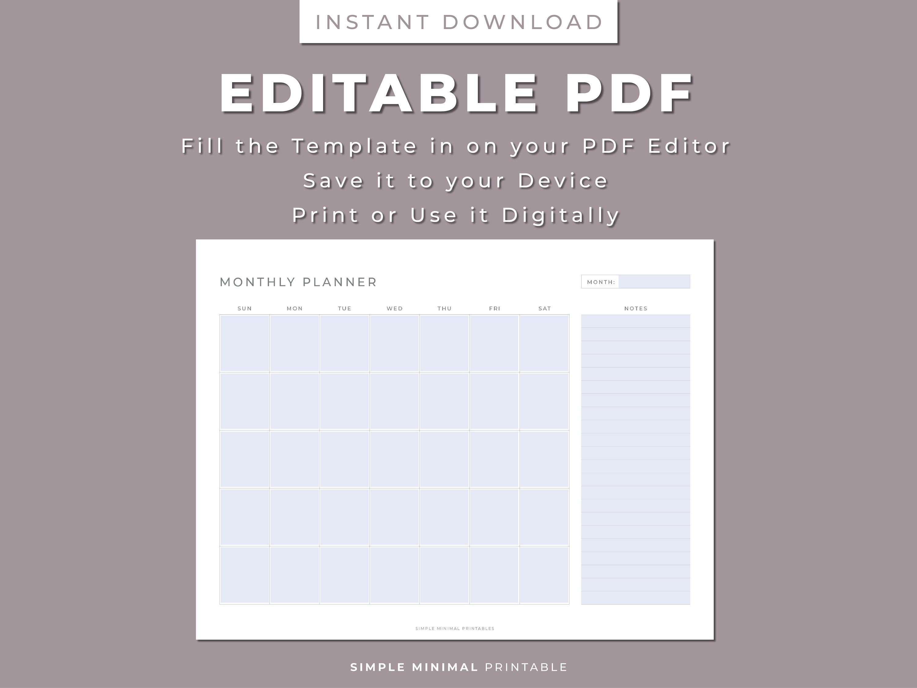 Monthly Printable Planner With Notes, Calendar, Printable & Editable ...