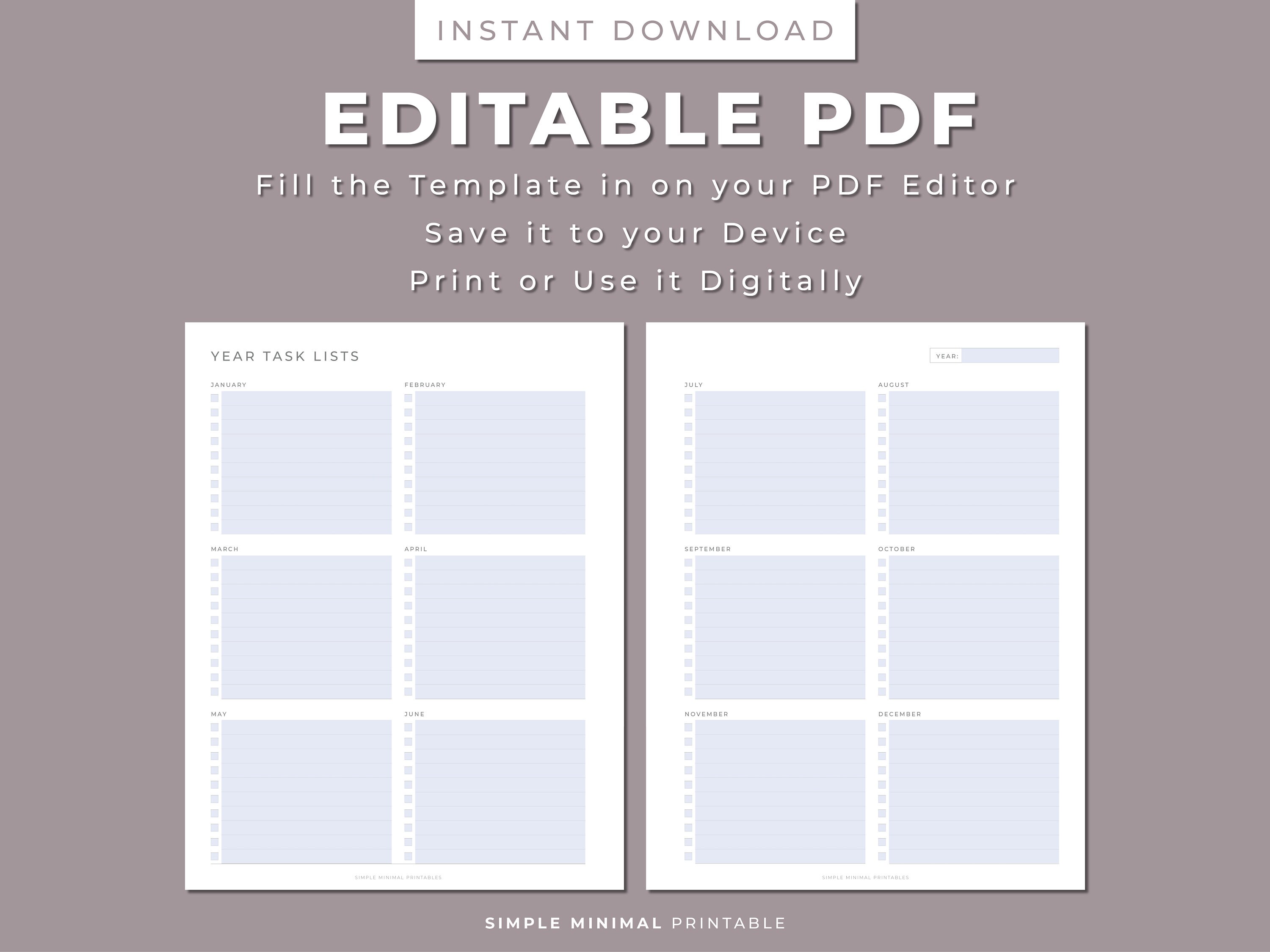 Yearly Task Planner Printable, 2-page, Year-at-a-glance, Annual ...