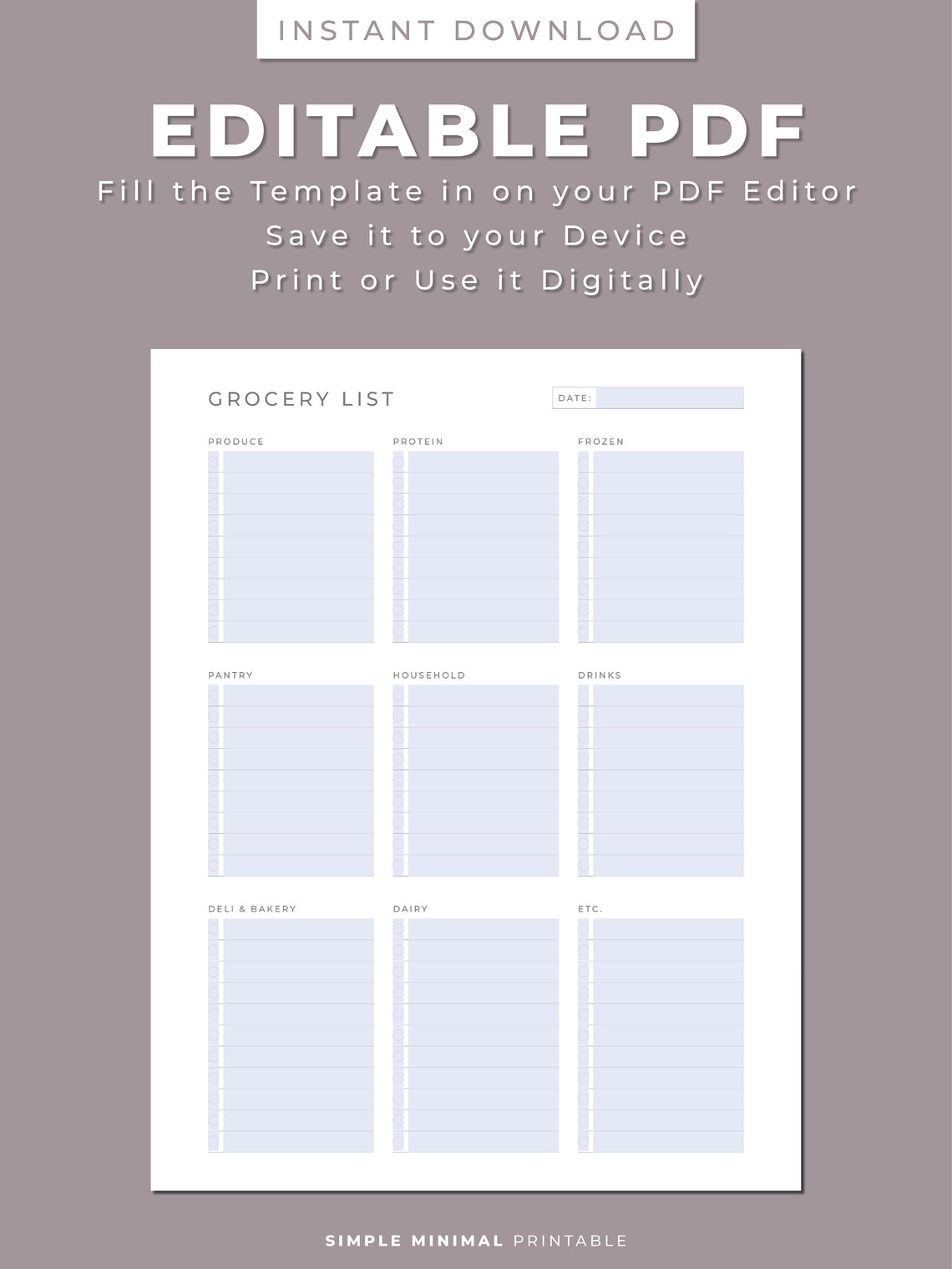 Grocery List Printable Template, Grocery Planner, Food Shopping List ...