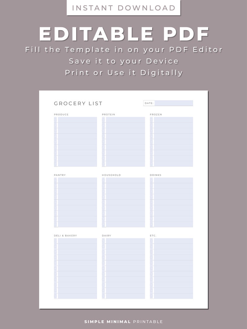 Grocery List Printable Template, Grocery Planner, Food Shopping List ...
