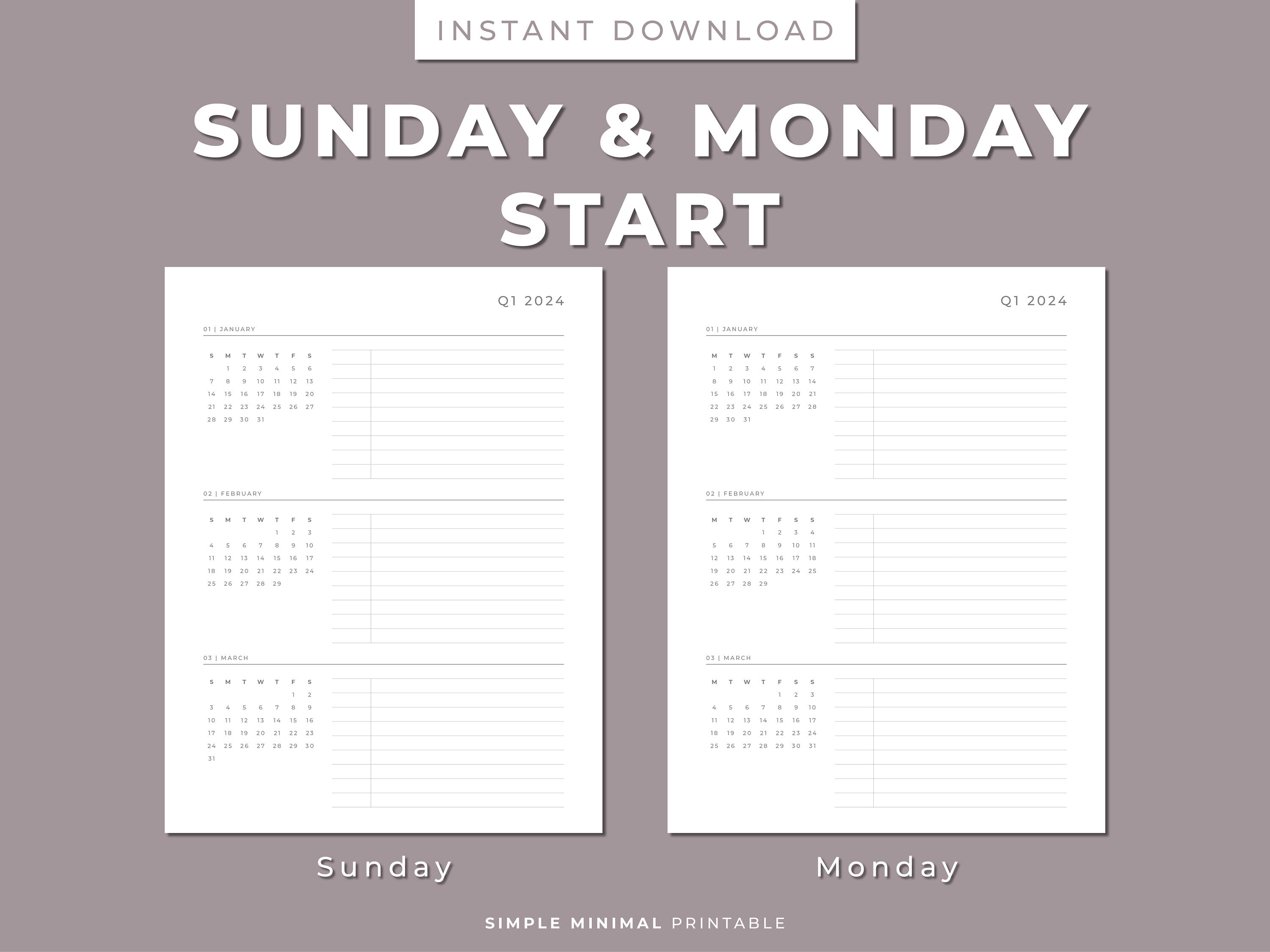 2024 Quarterly Calendar, Printable, Portrait, Sunday/monday Start ...