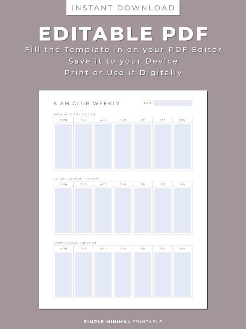 5 AM Club Planner: Daily & Weekly Habit Tracker (PDF) - Etsy