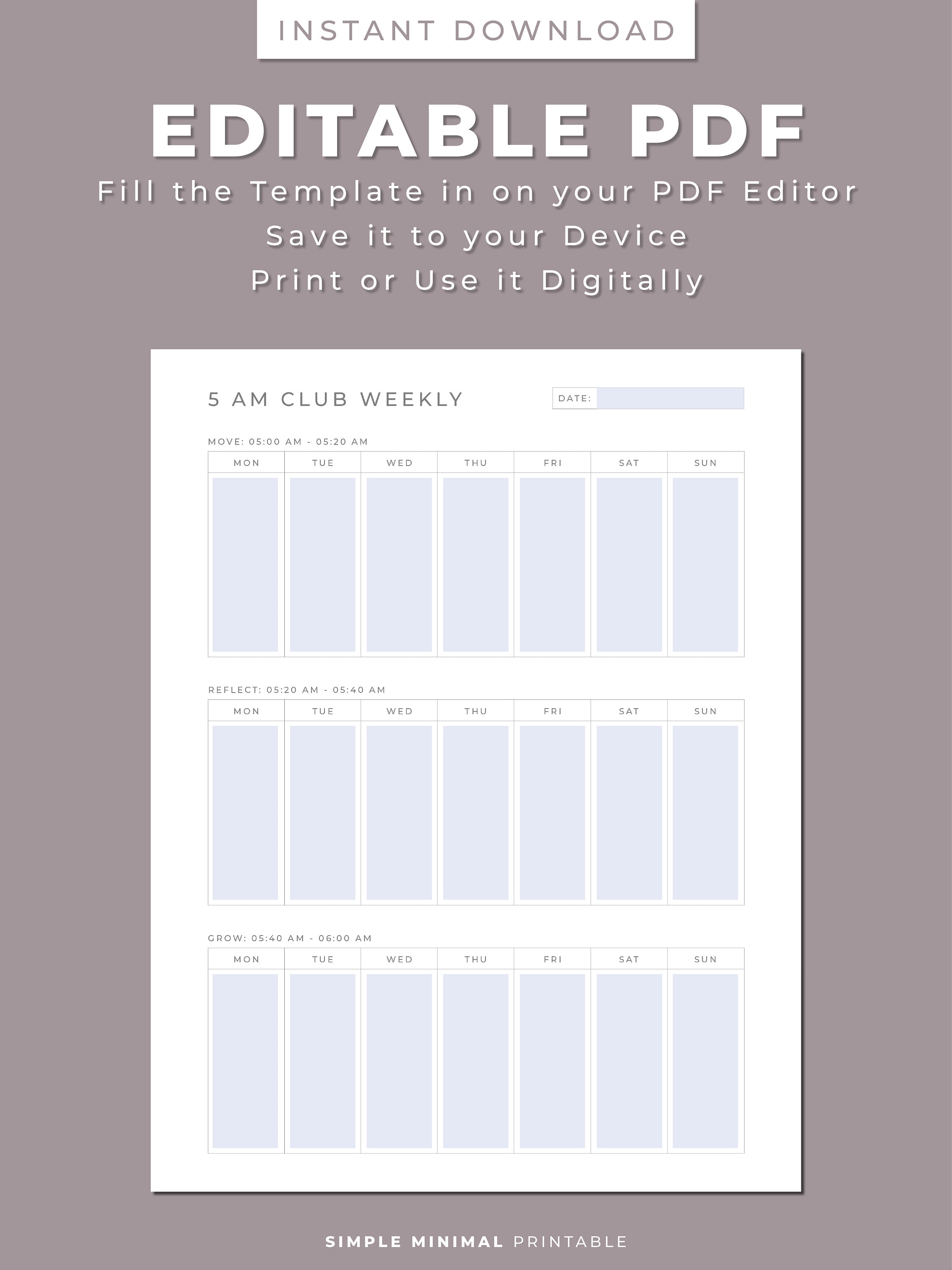 5 AM Club Planner Printable, Daily and Weekly, Habit Tracking, Morning ...