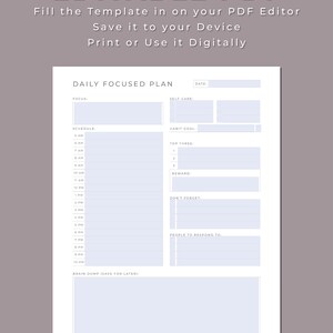 Daily Focused Plan Printable, ADHD Daily Planner, Printable & Editable ...