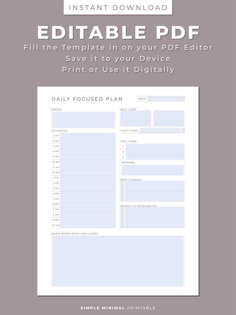 Daily Focused Plan Printable, ADHD Daily Planner, Printable & Editable ...