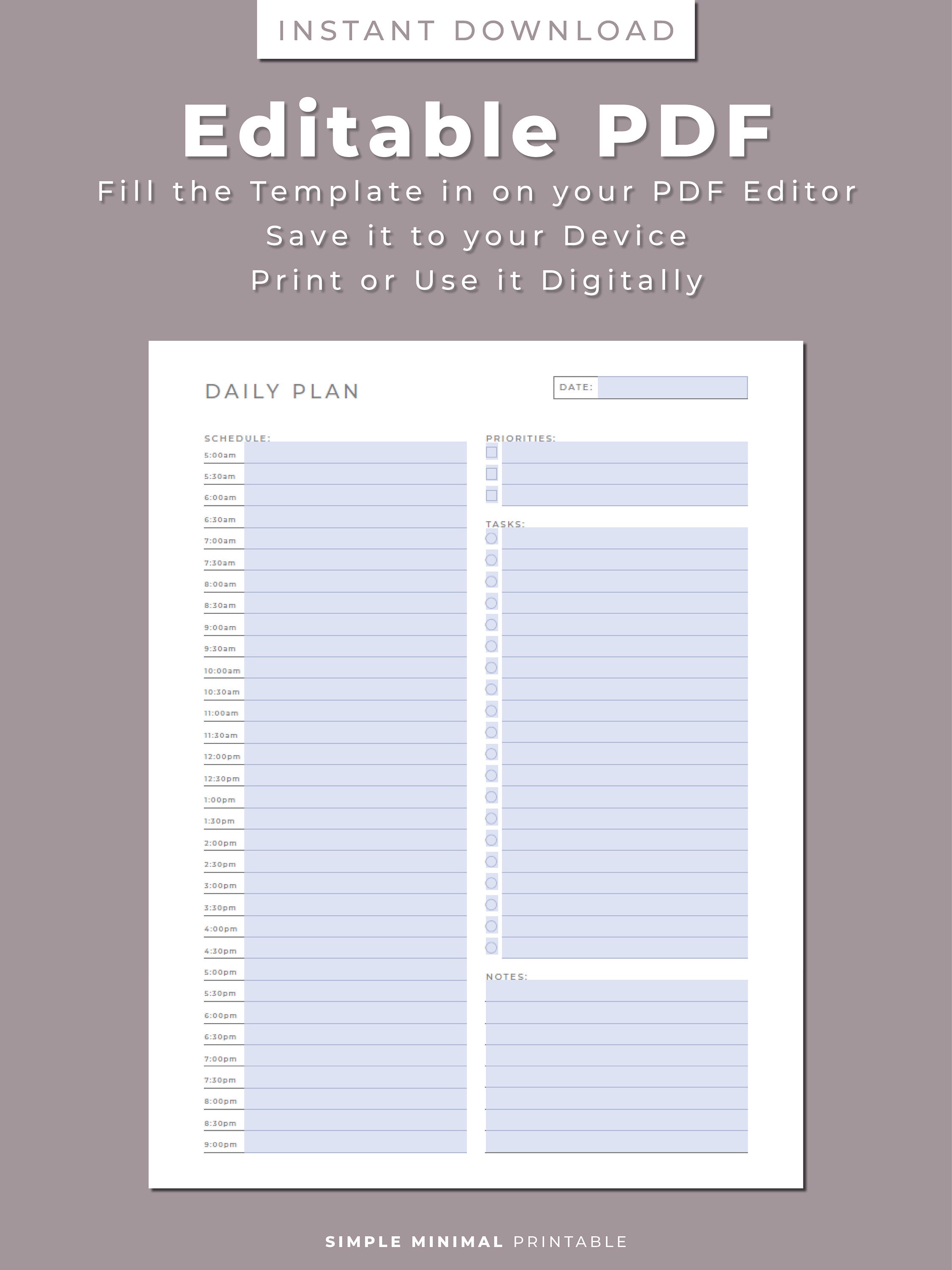 Half Hour Daily Planner, Printable & Editable, Undated Planner, Instant ...
