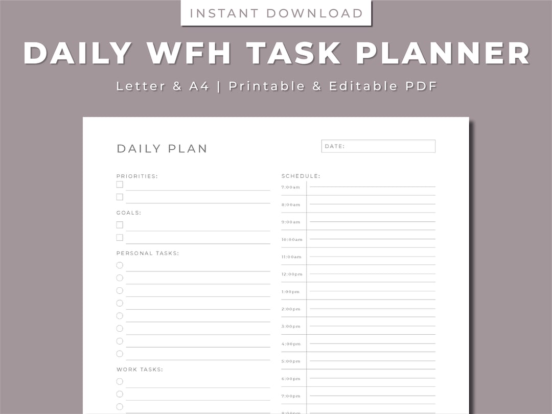 Daily Work From Home Task Planner, Printable & Editable, Undated ...