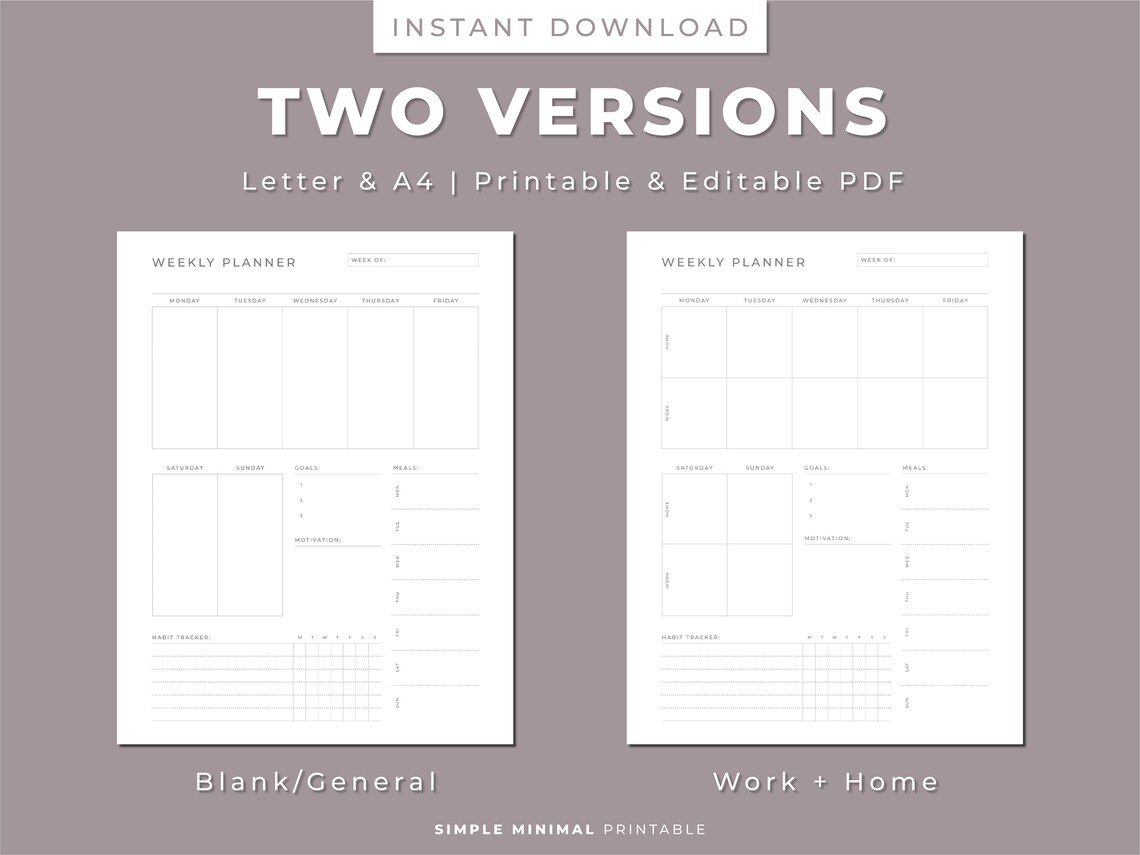 Weekly Printable Planner: Goals, Meals, Habit Tracker (letter/a4) - Etsy
