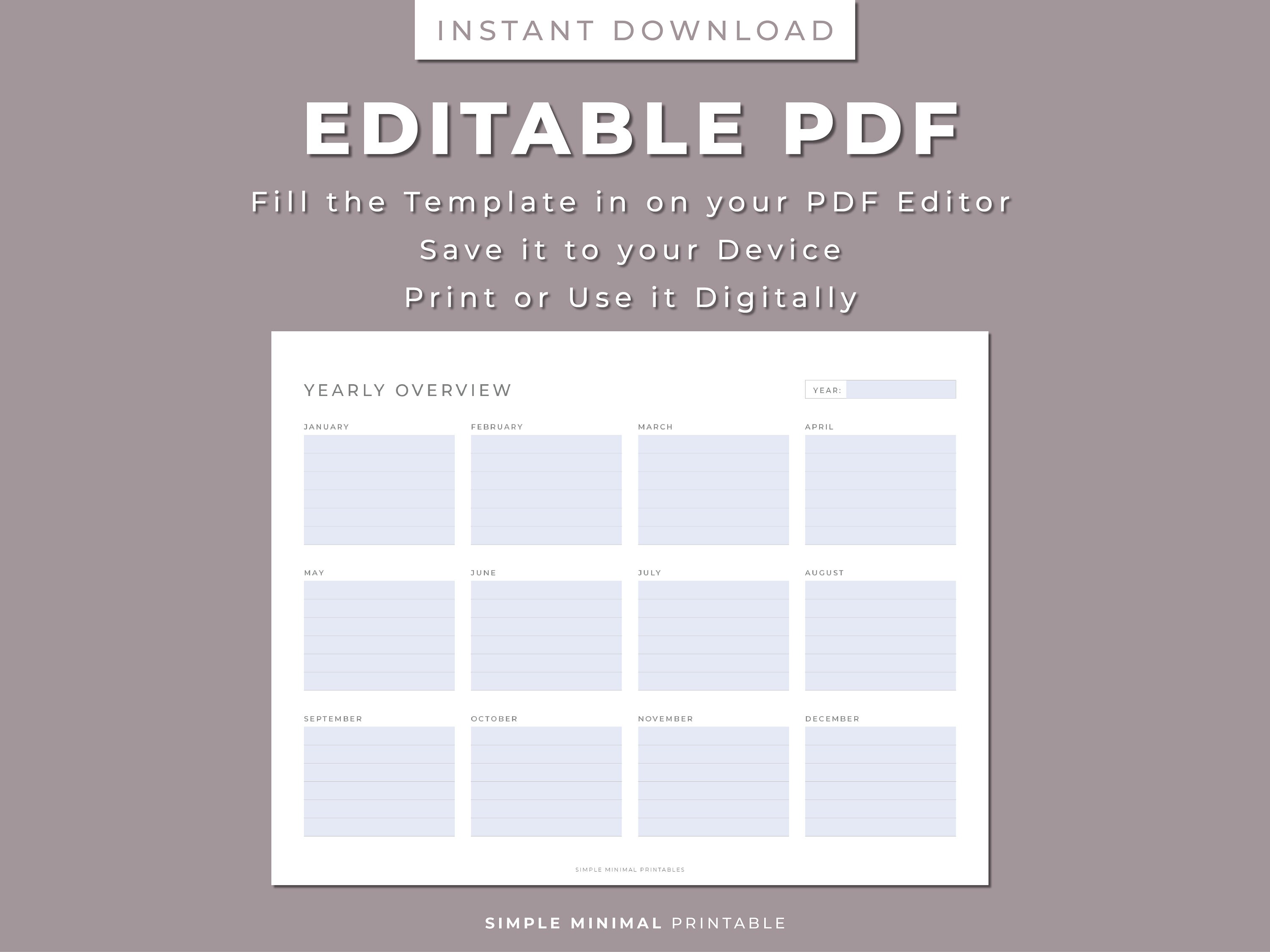 Yearly Overview Printable Planner, Year-at-a-glance, Annual Perpetual ...