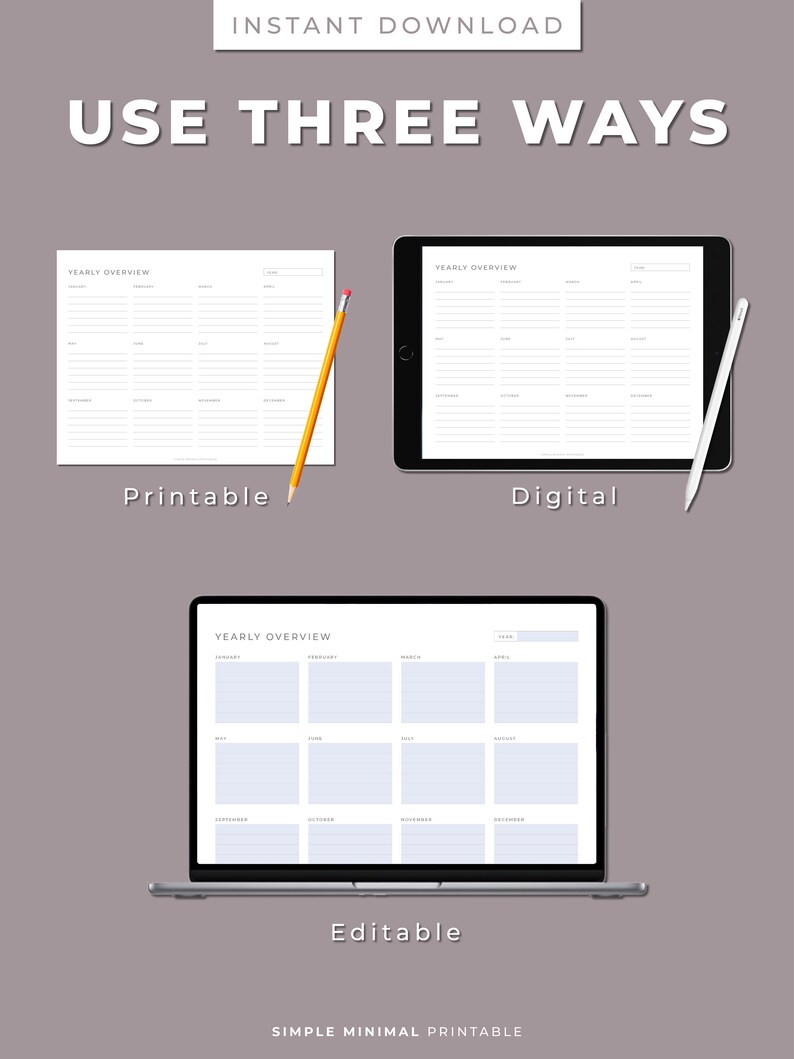 Yearly Overview Printable Planner, Year-at-a-glance, Annual Perpetual ...