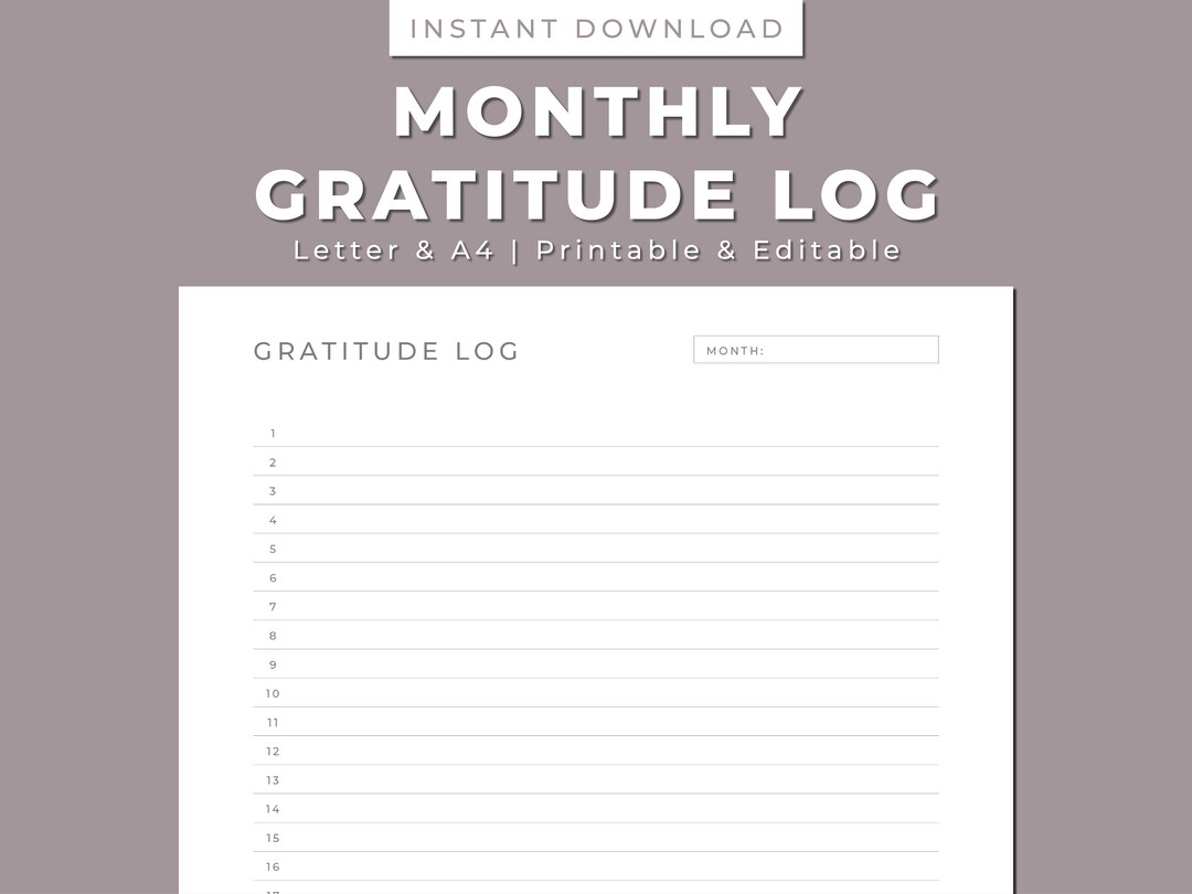 Monthly Gratitude Log Printable, Simple Log Tracking Gratitude, Notes ...
