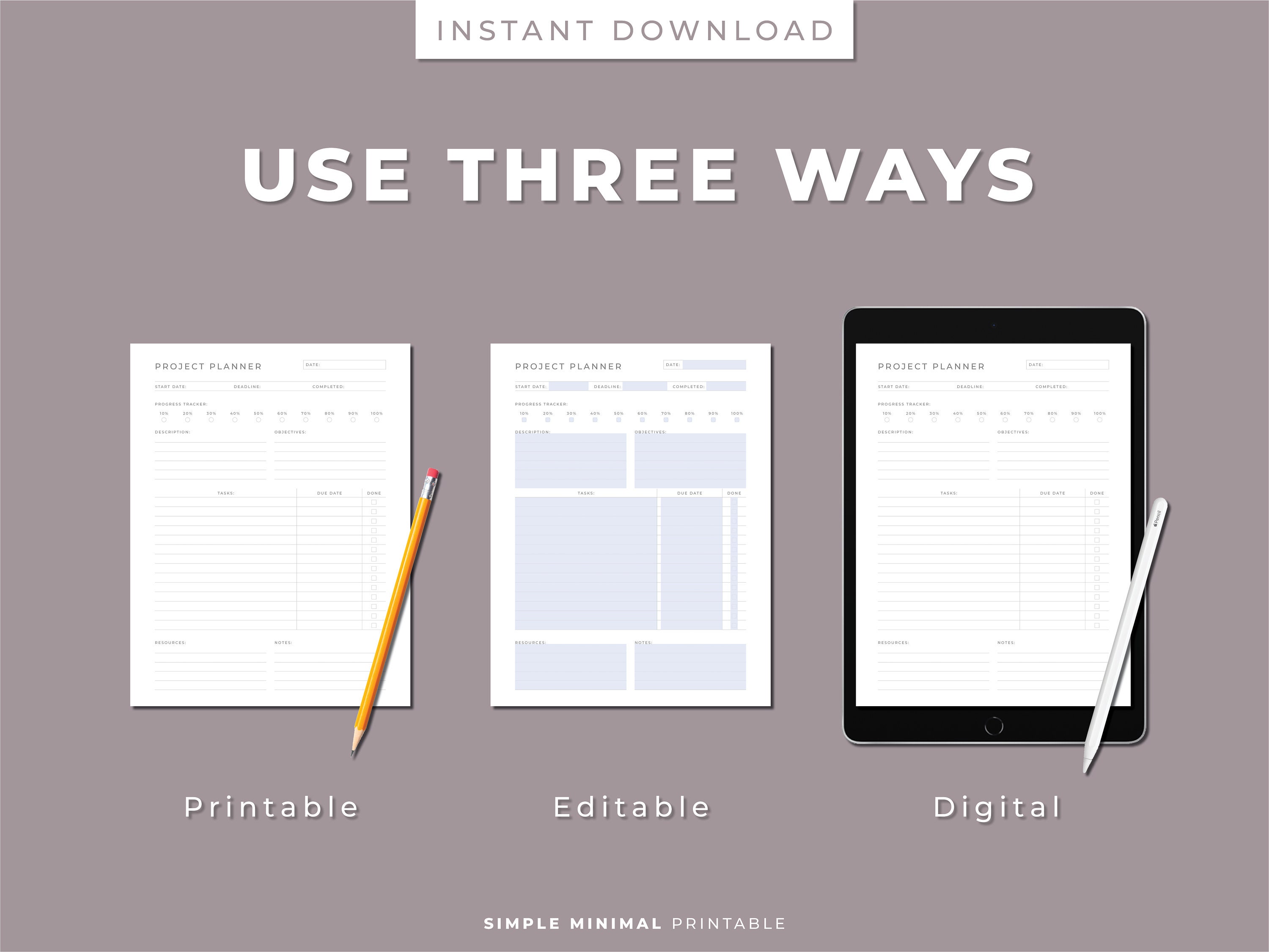 Project Planner Printable, Objects, Tasks, Resource Planner, Business ...