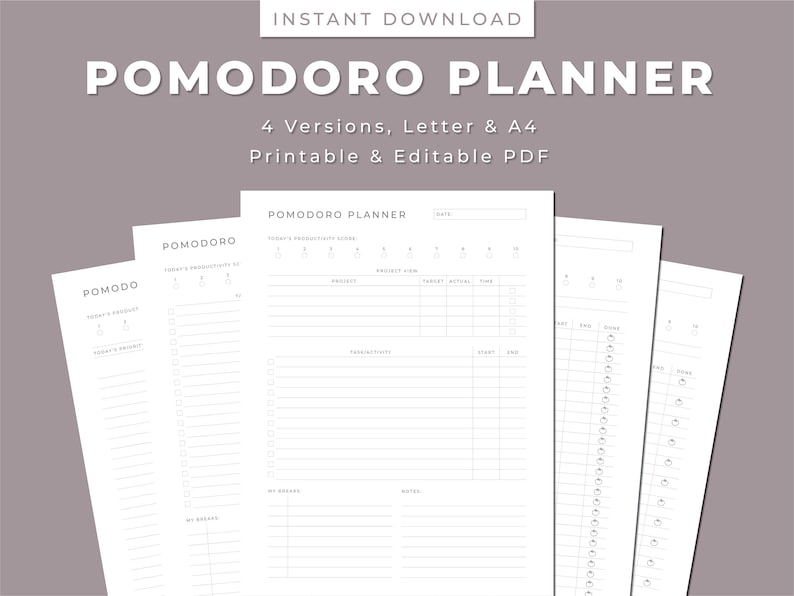Pomodoro Printable Planner, Four Versions, Productivity Planner ...