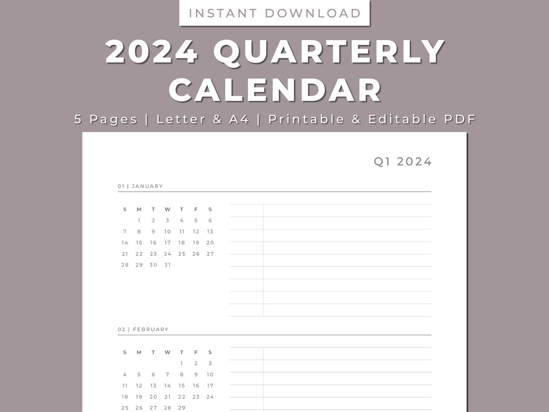 2024 Quarterly Calendar Printable: Minimalist A4/letter (digital ...