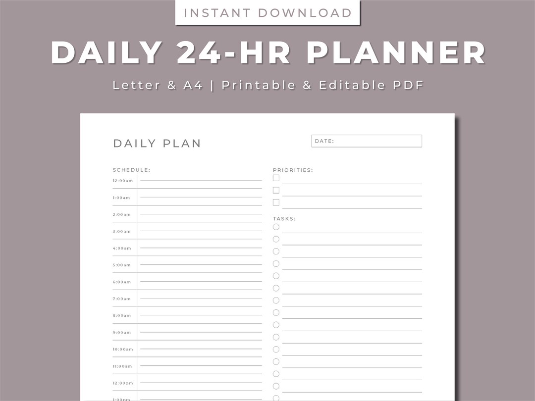 24-hour Daily Planner, Printable & Editable, Undated Planner, Instant ...