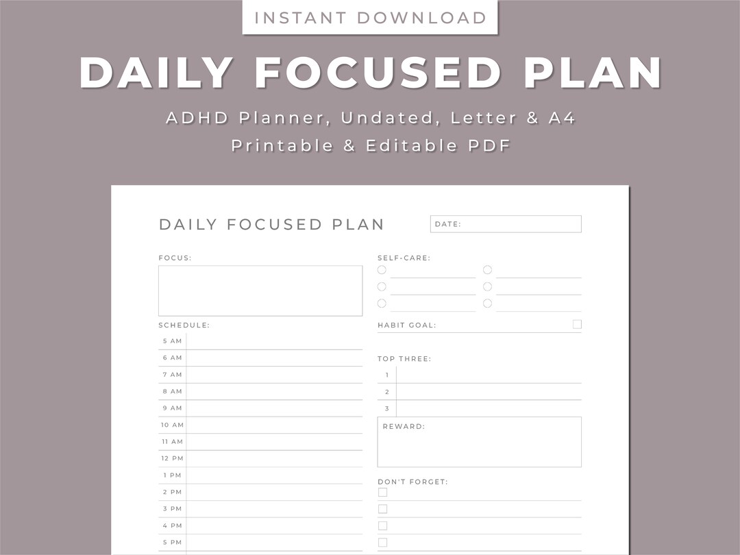 Daily Focused Plan Printable, ADHD Daily Planner, Printable & Editable ...