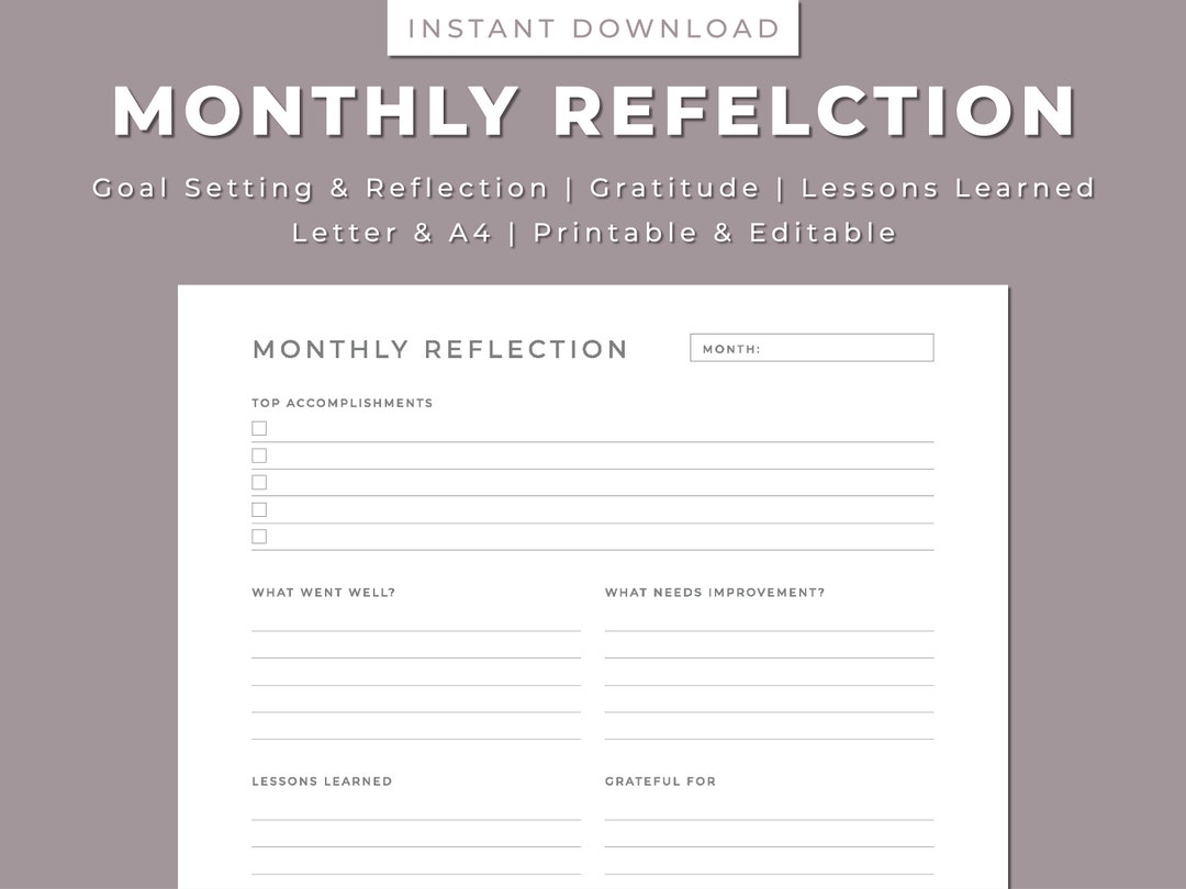 Monthly Reflection Planner Printable, Goals, Gratitude, Summary, Notes ...
