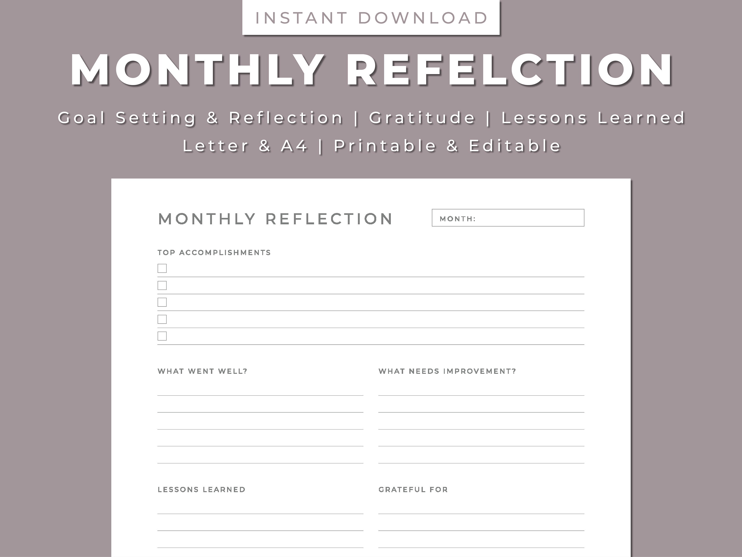 Monthly Reflection Planner Printable, Goals, Gratitude, Summary, Notes ...