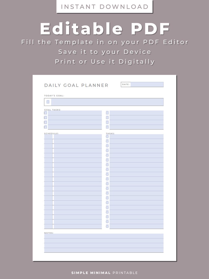 Daily Goal Planner, Printable & Editable, Undated Planner, Instant ...