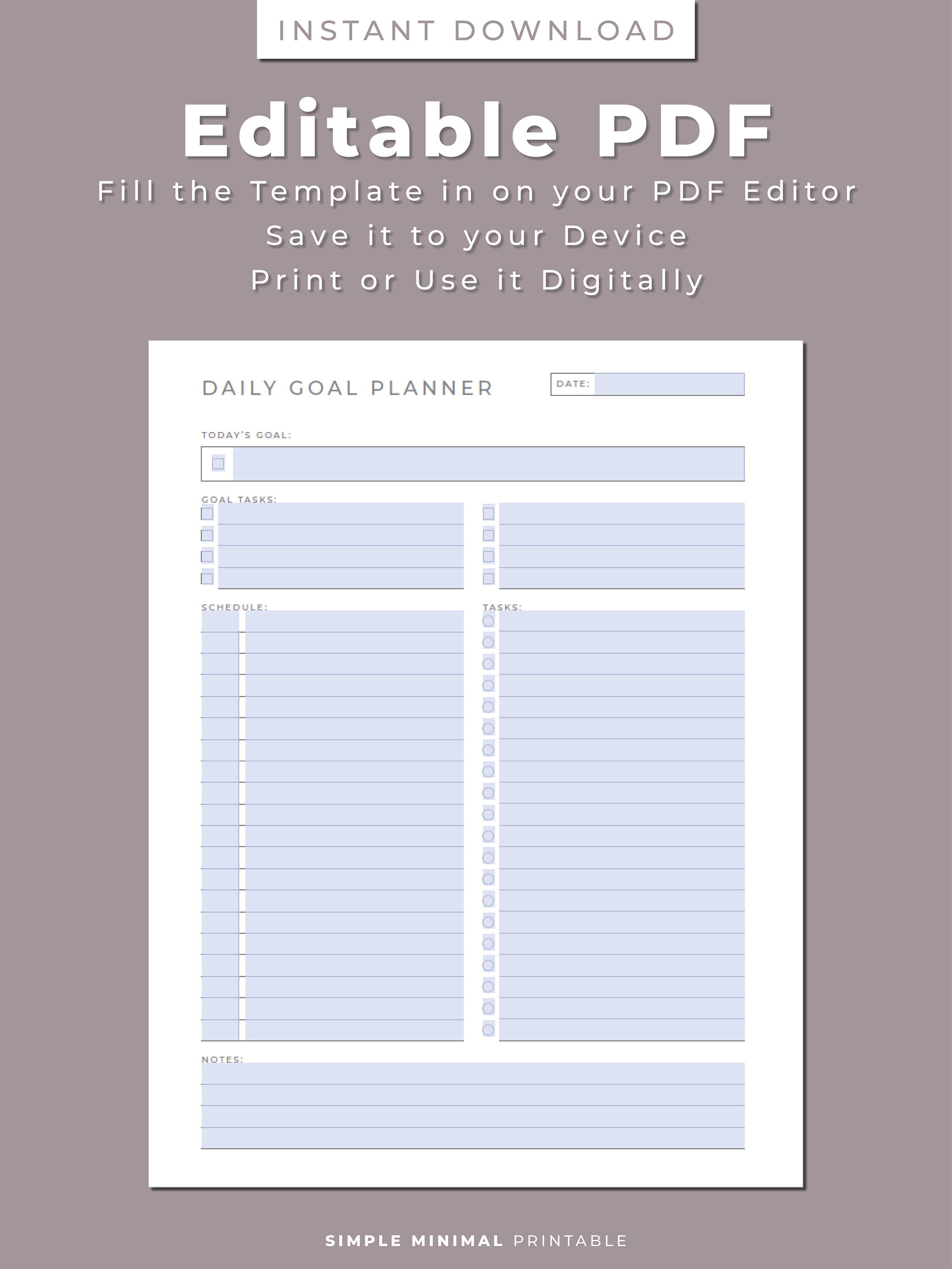 Daily Goal Planner: Printable, Editable, Undated (letter/a4 PDF) - Etsy